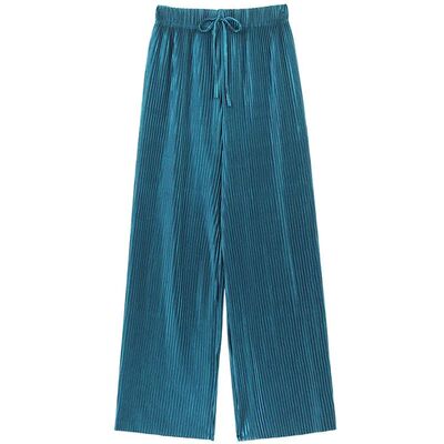 Women Fashion Summer Wide Leg Pants Pleated Ice Silk Trouser
