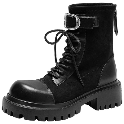 MIO米奥2025冬季新款圆头高跟短筒马丁靴复古扣带厚底增高女靴子