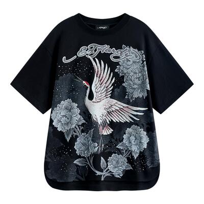 Ed Hardy埃德哈迪夏季流行新款女士针织黑色圆领宽松短袖T恤