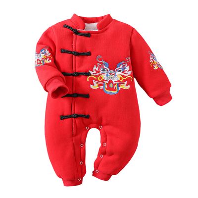 新中式拜年服婴儿连体衣加绒绣花