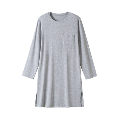 男士纯棉春夏长袖过膝睡袍