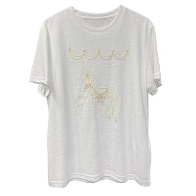 刺绣小马亚麻真丝棉圆领短袖T恤