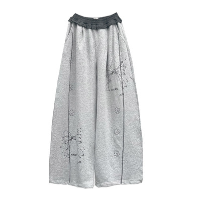 OOURSLAB 撞色花边腰阔腿卫裤趣味蝴蝶结印花长裤休闲裤女秋