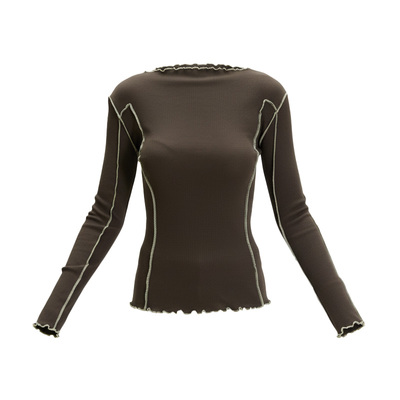 一字肩长袖100%美利奴羊毛T恤女