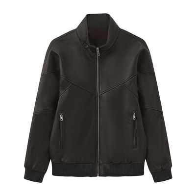 B1BDF4F01鸟家男装秋冬季落肩款绵羊皮休闲立领拼接夹克真皮外套