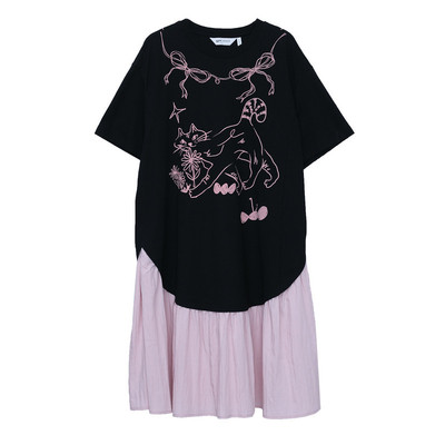 MOVEUP幻走2026春季新款.FUN系列圆领印花拼接裙摆碎褶针织连衣裙