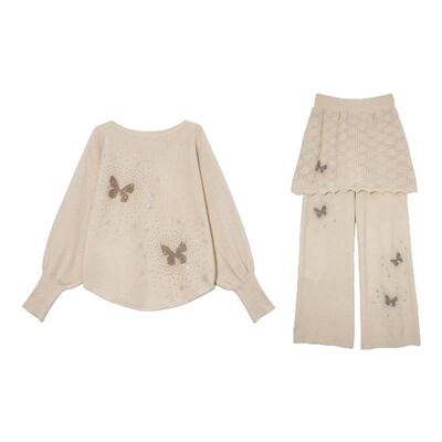 TCH梦幻蝴蝶烫钻宽松蝙蝠袖针织衫女屁帘阔腿裤套装女T78A07E1037