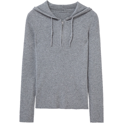 布景毛衣女冬季新品简约休闲连帽半拉链设计感修身打底针织衫1862