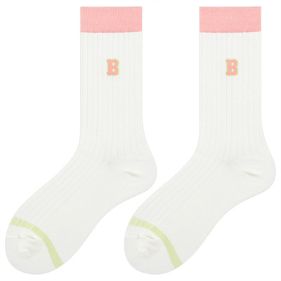 春季薄款粉色系B字母女士中筒袜