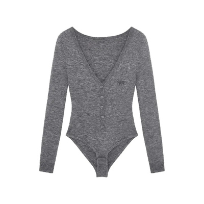 Lisa同款】灰色修身V领针织连体衣小众设计修身显瘦上衣女打底衫