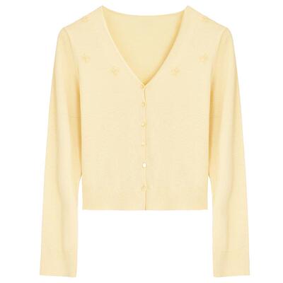 LANCY/朗姿2026春新款气质V领短针织开衫棉感羊毛钉珠花卉上衣女