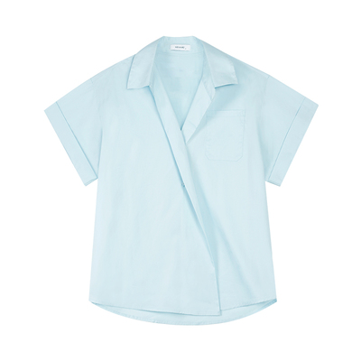 蓝色短袖衬衫女休闲韩版设计感