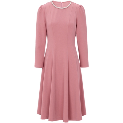 马天奴纯色缝钻圆领收腰连衣裙