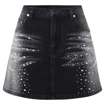 渐变洗水猫须烫钻A摆牛仔半裙