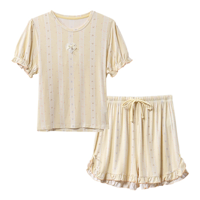 tutuanna睡衣女款夏 人棉蕾丝印花动物图案短袖短裤家居服女套装