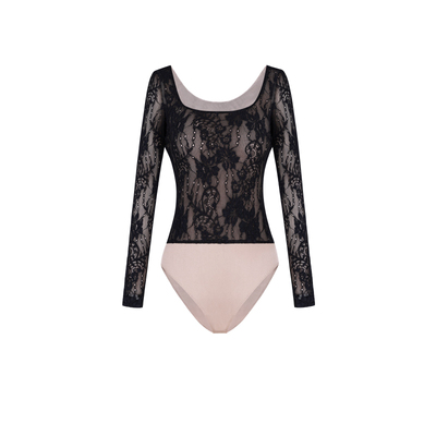 XULU原创新款植绒蕾丝黑色百搭性感微透打底衫修身圆领长袖短上衣