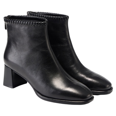 fed粗跟时装靴女冬季新款女靴黑色真皮靴通勤短靴女款S1104-YA070