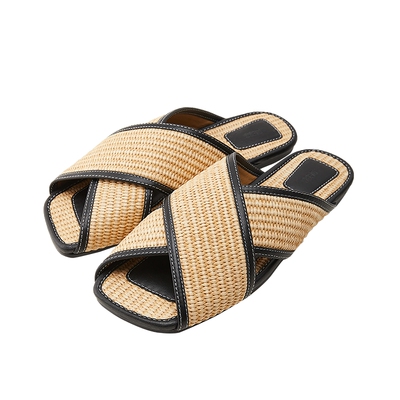 LESS夏季平底休闲凉鞋女复古度假风交叉编织带平底鞋3P4M10120