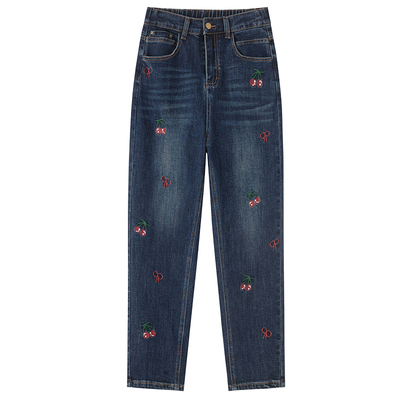 松紧高腰哈伦牛仔裤女