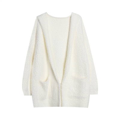 白色连帽水貂绒针织开衫女毛茸茸