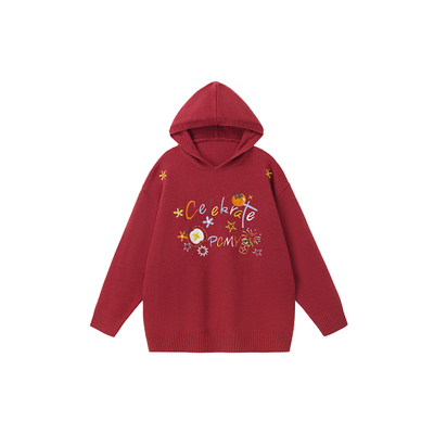 PCMY酒红色带帽刺绣宽松毛衣秋冬