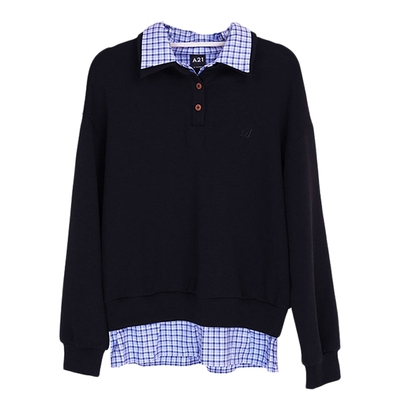 A21女装拼接双层领假两件卫衣