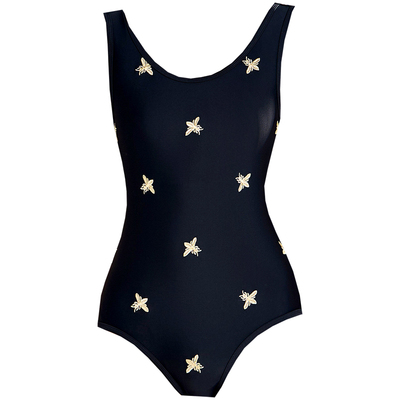 无袖刺绣蜜蜂连体泳衣