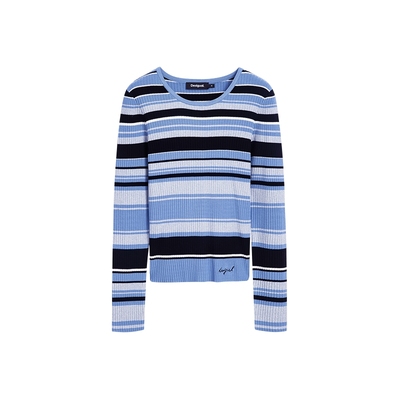 Desigual25秋冬新品蓝色横条纹撞色坑条圆领修身女士针织衫