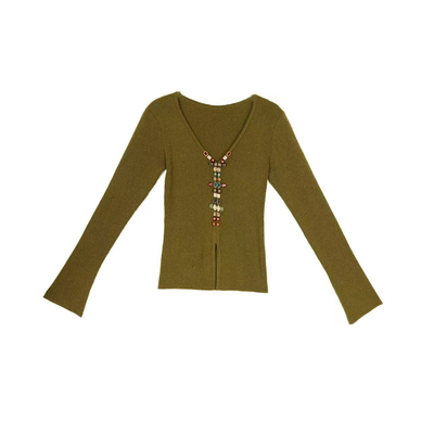 琪琪微微胖大码女装重工钉珠V领女针织衫时尚潮流毛衣外搭上衣