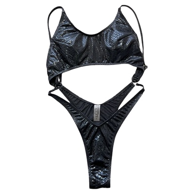 Hollow out navel solid color backless bikini镂空露脐露背泳衣