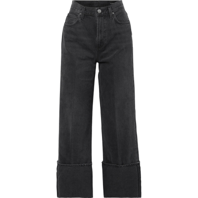 GoldSign女士仿旧高腰阔腿黑色牛仔裤