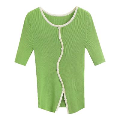 现货【招牌冰感纱】弧形剪裁 圆领短袖修身不对称剪裁坑条针织衫