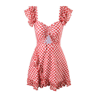 新款格子吊带裙式连体泳衣