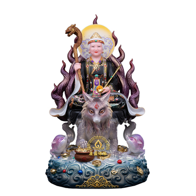 汉白玉黑老太神像坐狐狸摆件