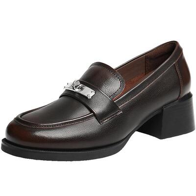 百丽复古粗高跟乐福鞋女26春季新款黑色小皮鞋深口单鞋F2H1DAA6