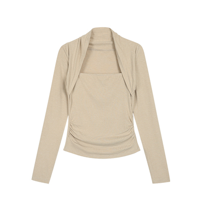 MULVAN 摩登画报 假两件方领长袖针织衫女高级感褶皱修身打底上衣