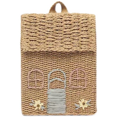 女生草编包书包ZA新款童包可爱小房子编织双肩包背包迷你