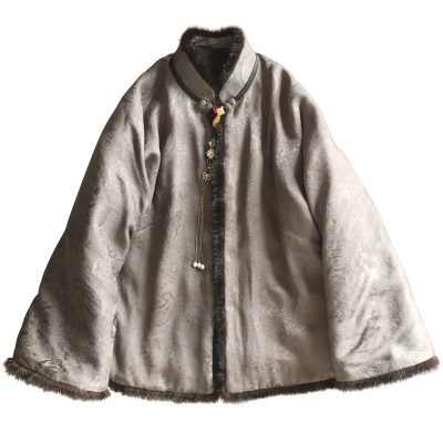 香云纱唐装水貂毛对襟中式棉衣冬