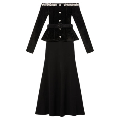 self-portrait一字领针织连衣裙