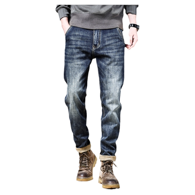 秋冬款弹力牛仔裤男长裤子痞帅带绒直筒修身美式复古潮牌加绒加厚