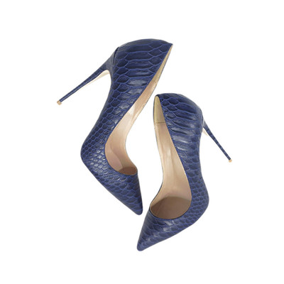 秋季深蓝色蛇纹尖头细跟社交女鞋