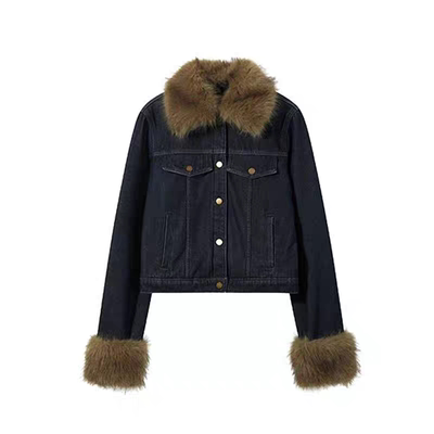 古铜做旧毛毛领加厚牛仔短外套女