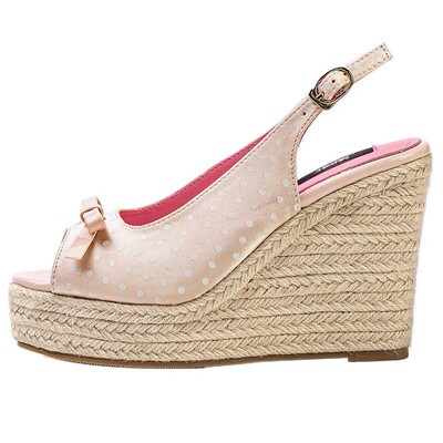 Miaolv College复古风波点蝴蝶结坡跟露趾凉鞋女防水台草编高跟鞋