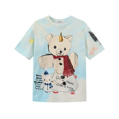 FORDARE福蝶趣味涂鸦带红围巾的雪人小熊T恤短袖秋新款