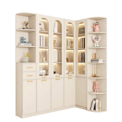 奶油风转角书柜书架组合