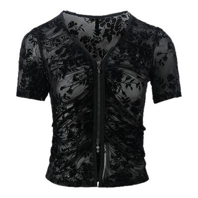 普普风拉链植绒网纱上衣女