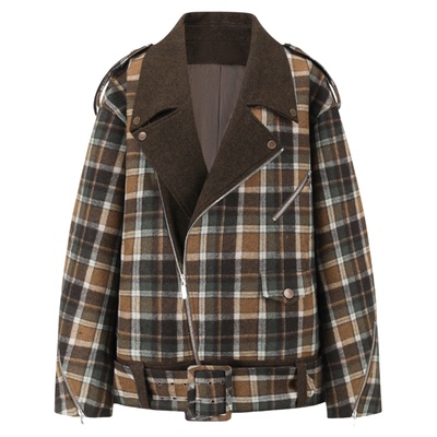 OUDE WAAG 25早秋新款 复古休闲羊毛大廓形格纹机车夹克