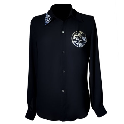 原创设计风刺绣长袖雪纺黑白衬衣