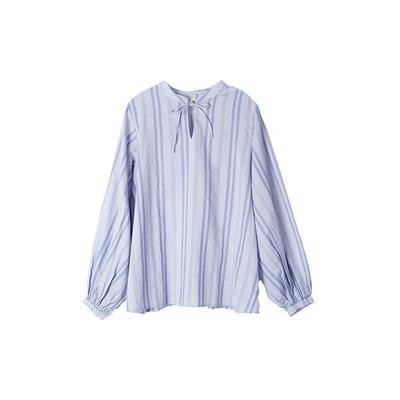 蓝色设计感衬衫宽松灯笼袖罩衫