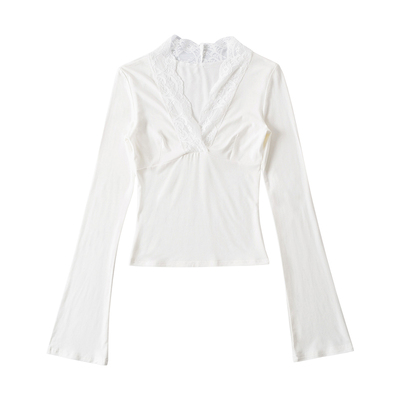 性感深V蕾丝拼接长袖打底T恤上衣